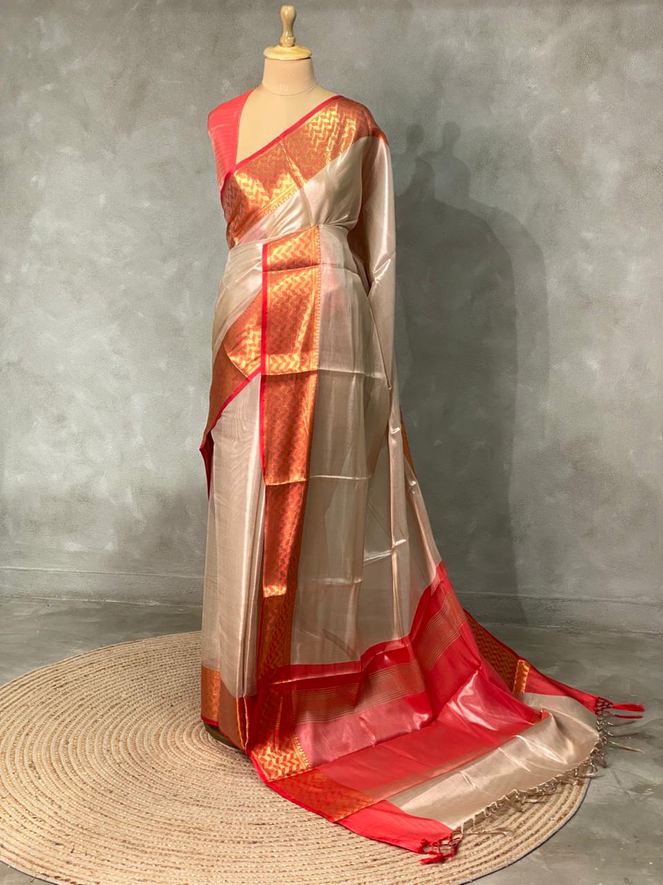 Biege and Red Tissue Banarasi silk saree- MPS20– Prakrithi By Ramya