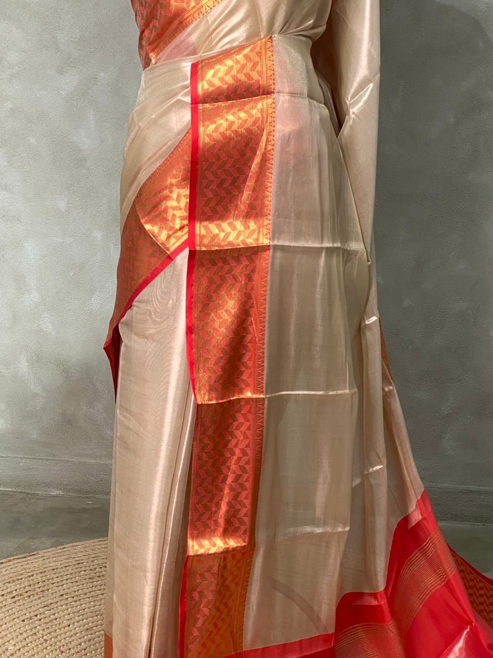 Biege and Red Tissue Banarasi silk saree- MPS20– Prakrithi By Ramya
