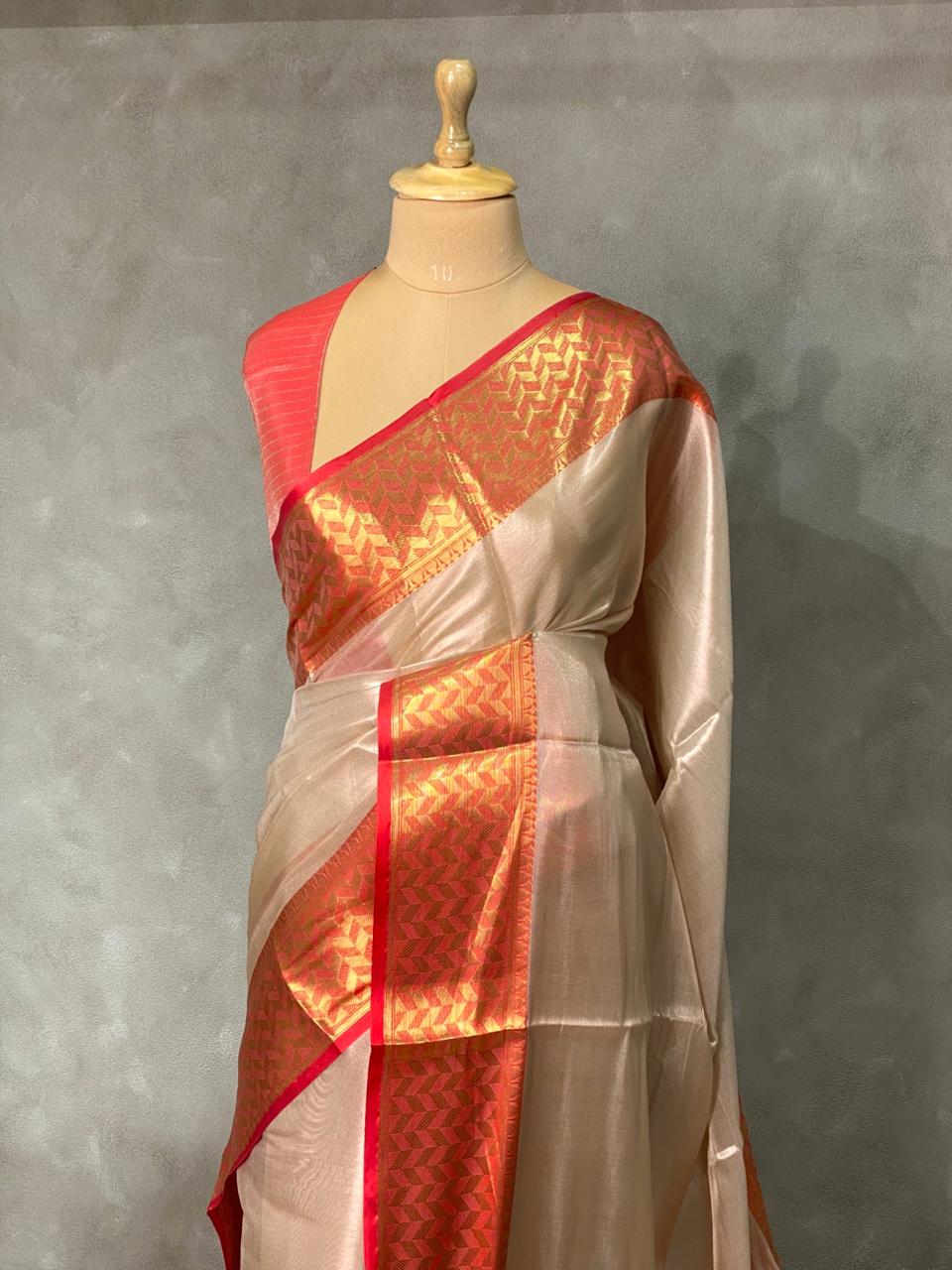 Biege and Red Tissue Banarasi silk saree- MPS20– Prakrithi By Ramya